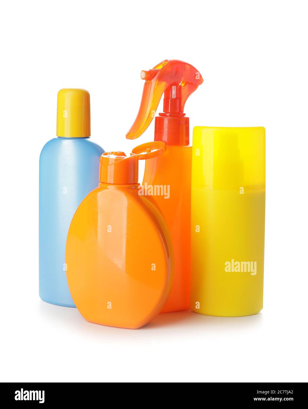 Bottles of sunscreen on white background Stock Photo - Alamy