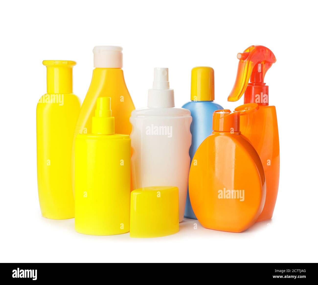 Bottles of sunscreen on white background Stock Photo - Alamy