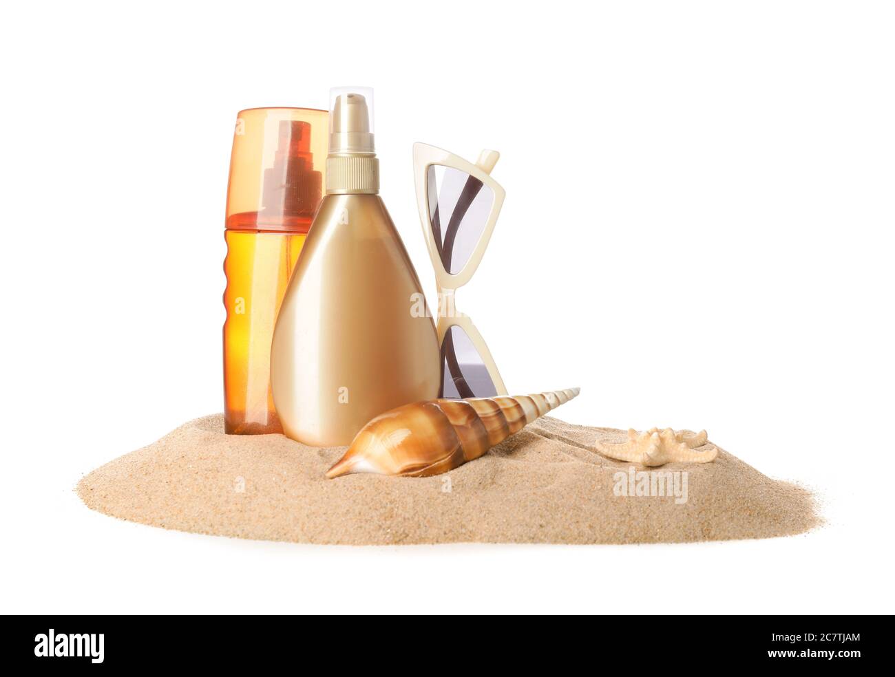 Bottles of sunscreen on white background Stock Photo - Alamy