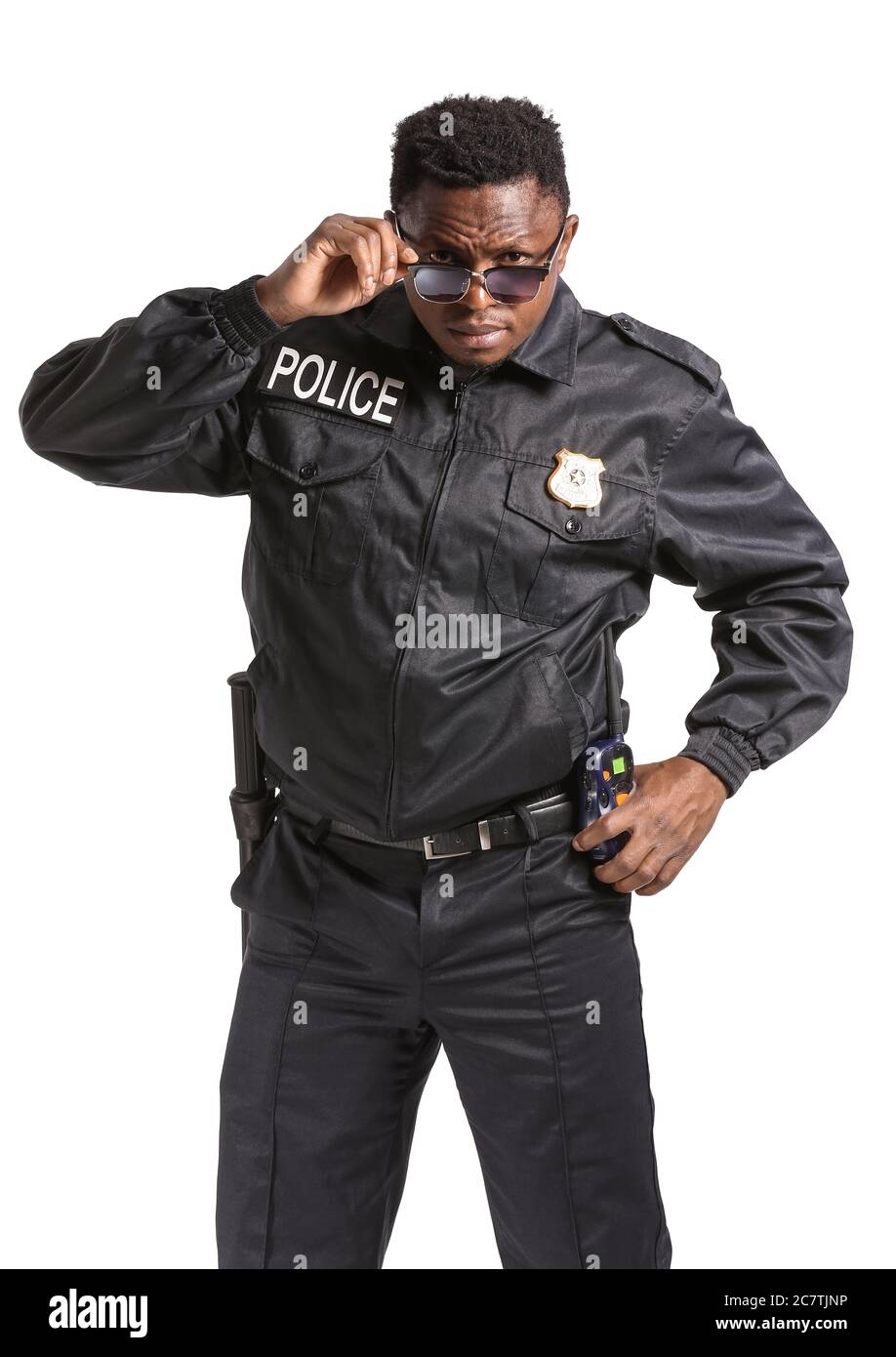 Aggressive African-American police officer on white background Stock ...