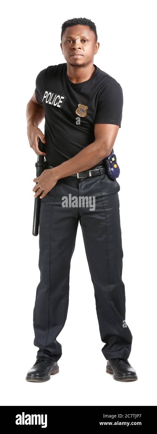Aggressive African-American police officer on white background Stock ...