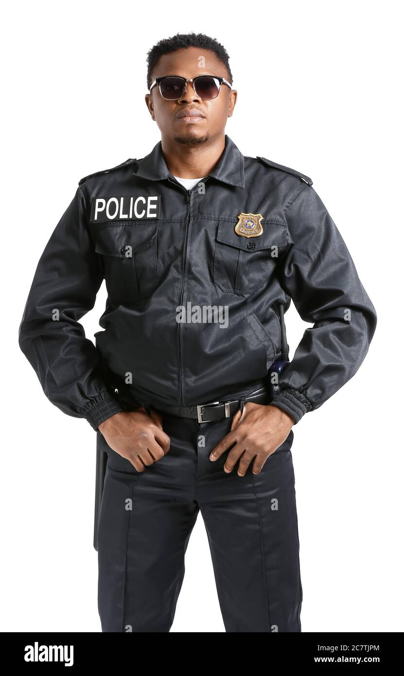 Aggressive African-American police officer on white background Stock ...