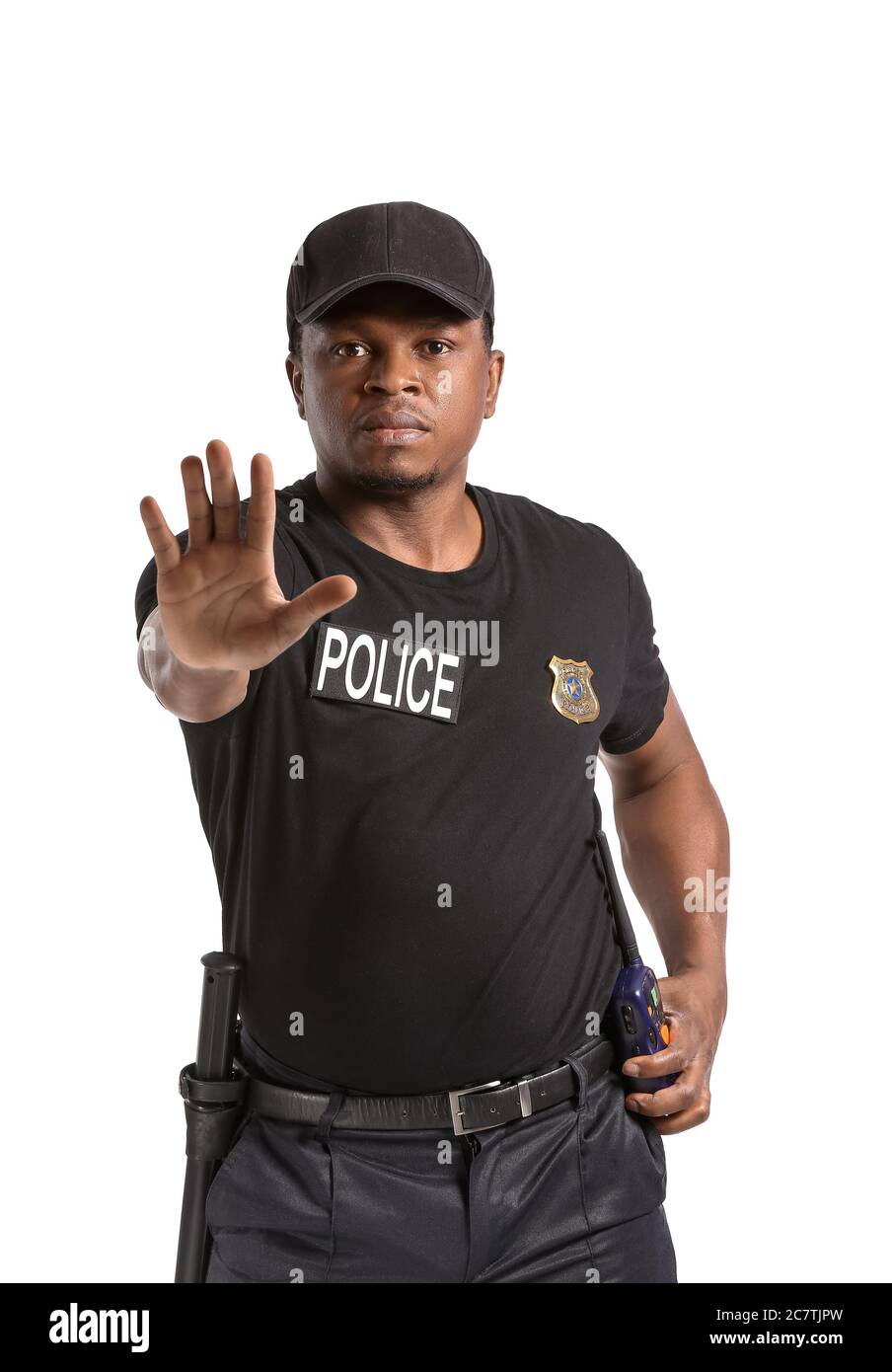 Aggressive African-American police officer on white background Stock ...