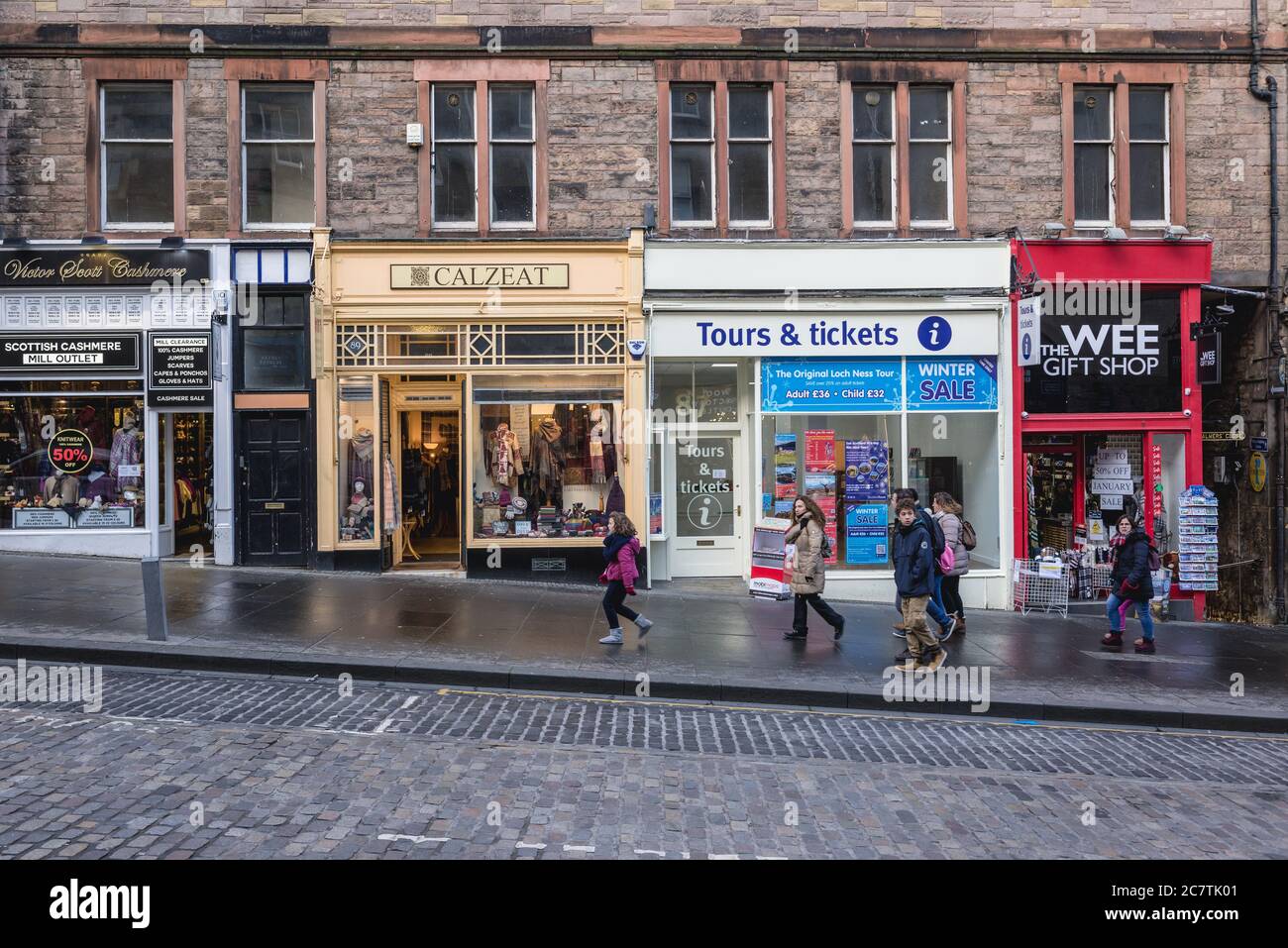 Shops on High Street, part of Royal Mile in Edinburgh, capital of ...