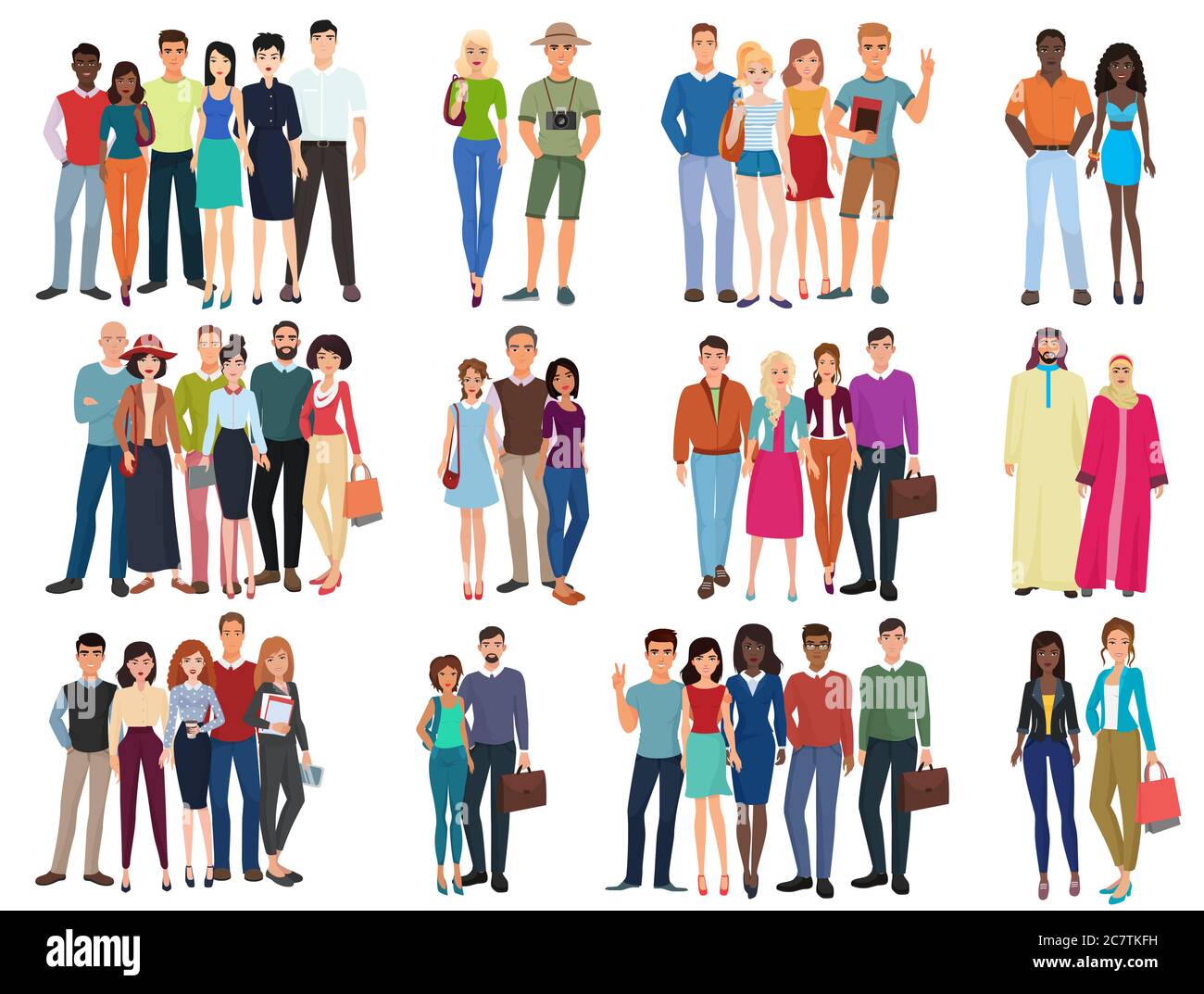People Groups And Couples Collection Diverse Cartoon Humans In Office And Casual Outfits