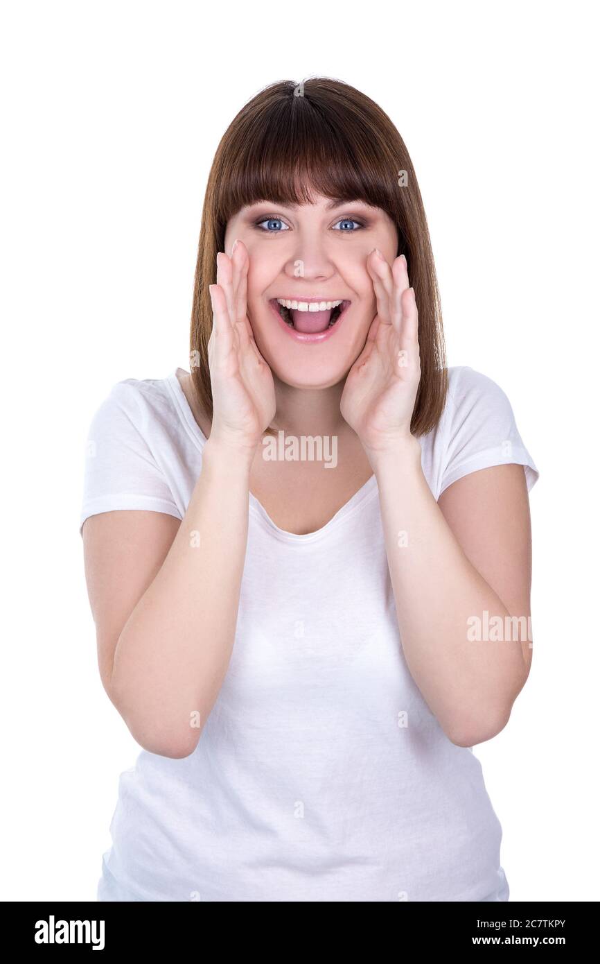 young beautiful woman loud screaming or calling out to someone isolated ...