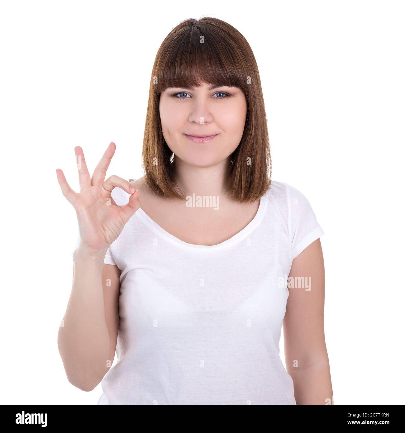 happy young beautiful woman showing ok sign isolated on white ...