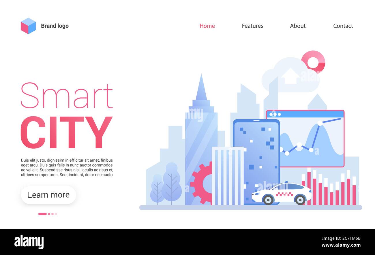 Urban landscape with buildings, smart cars and electronic devices ...