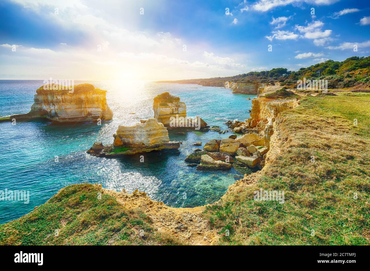 Picturesque seascape with white rocky cliffs, sea bay, islets and ...
