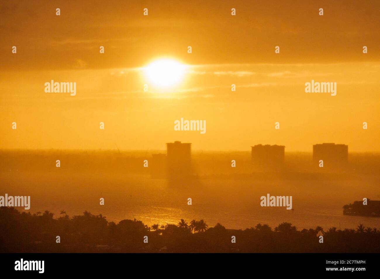 Miami Beach Florida,city skyline,sunset,orange haze,concept climate ...
