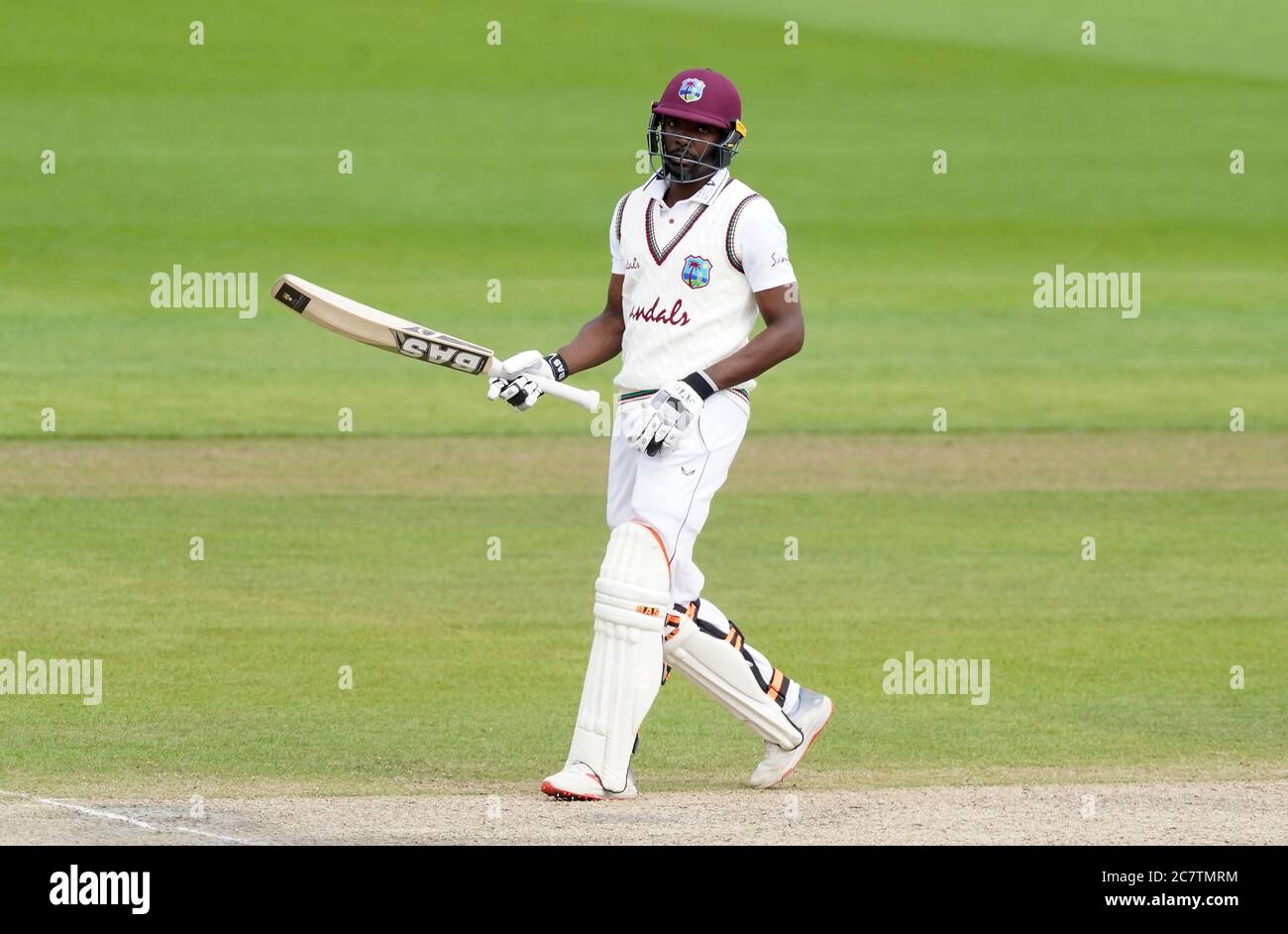 West Indies’ Shamarh Brooks after he reaches his half century during ...