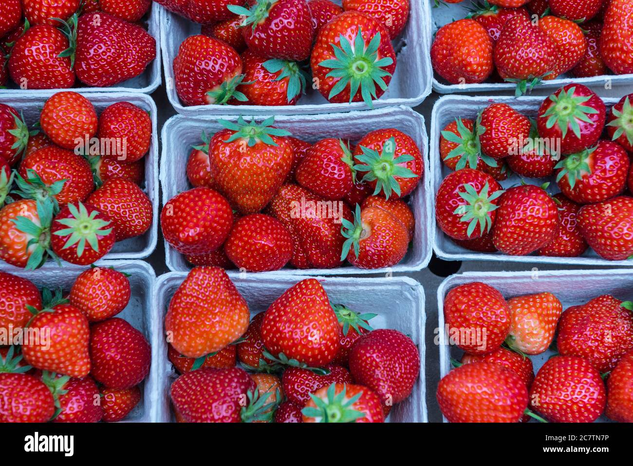 Top view of fresh strawberries in a container displayed at the market ...