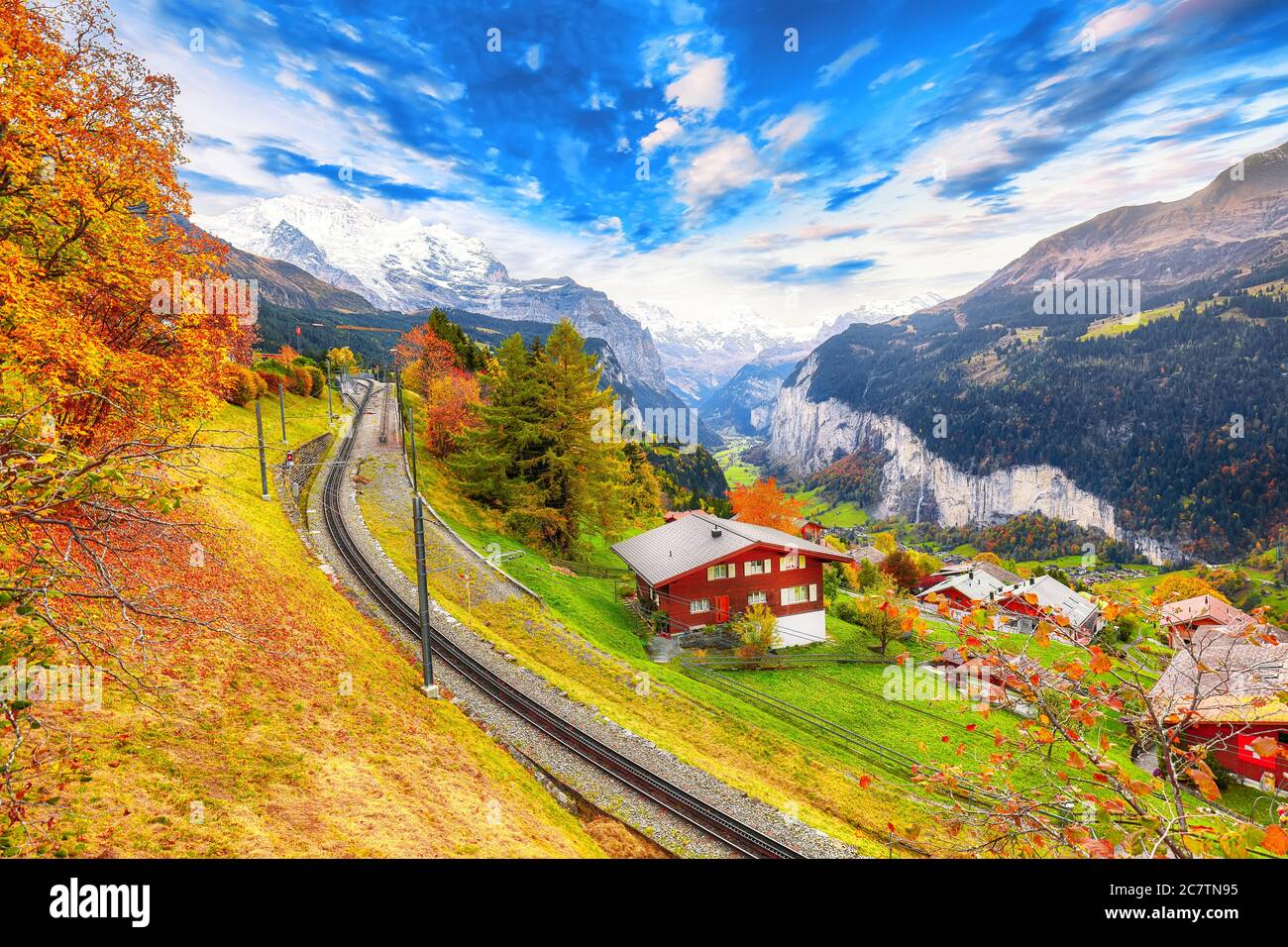 Fabulous autumn view of picturesque alpine village Wengen and ...