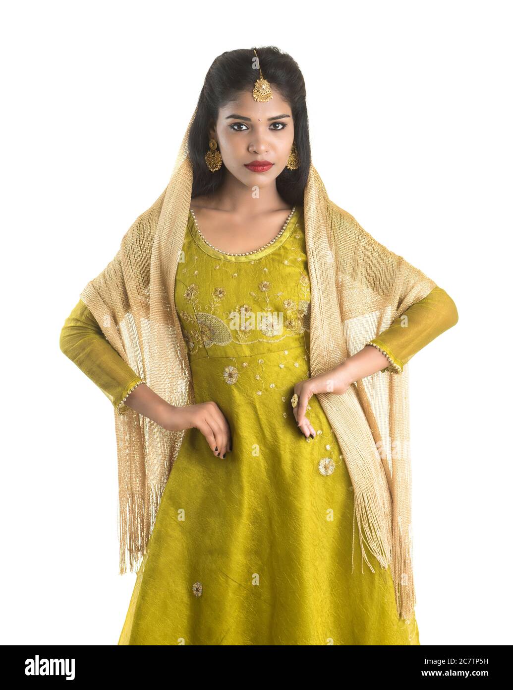 Portrait of beautiful traditional Indian girl posing on white ...