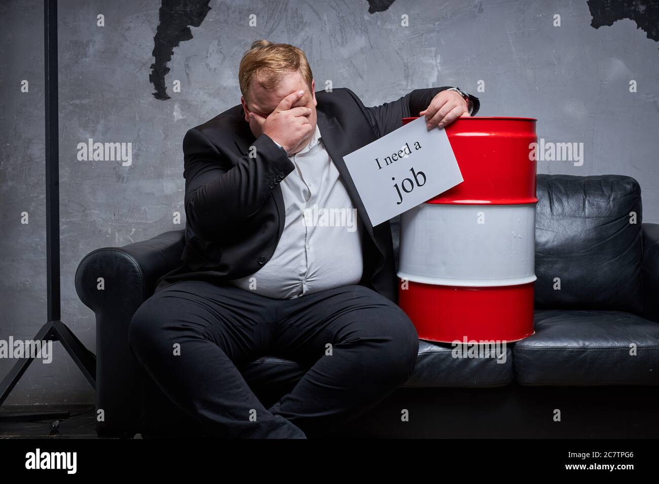 depressed fat caucasian oilman needs new job, his oil company is failed ...
