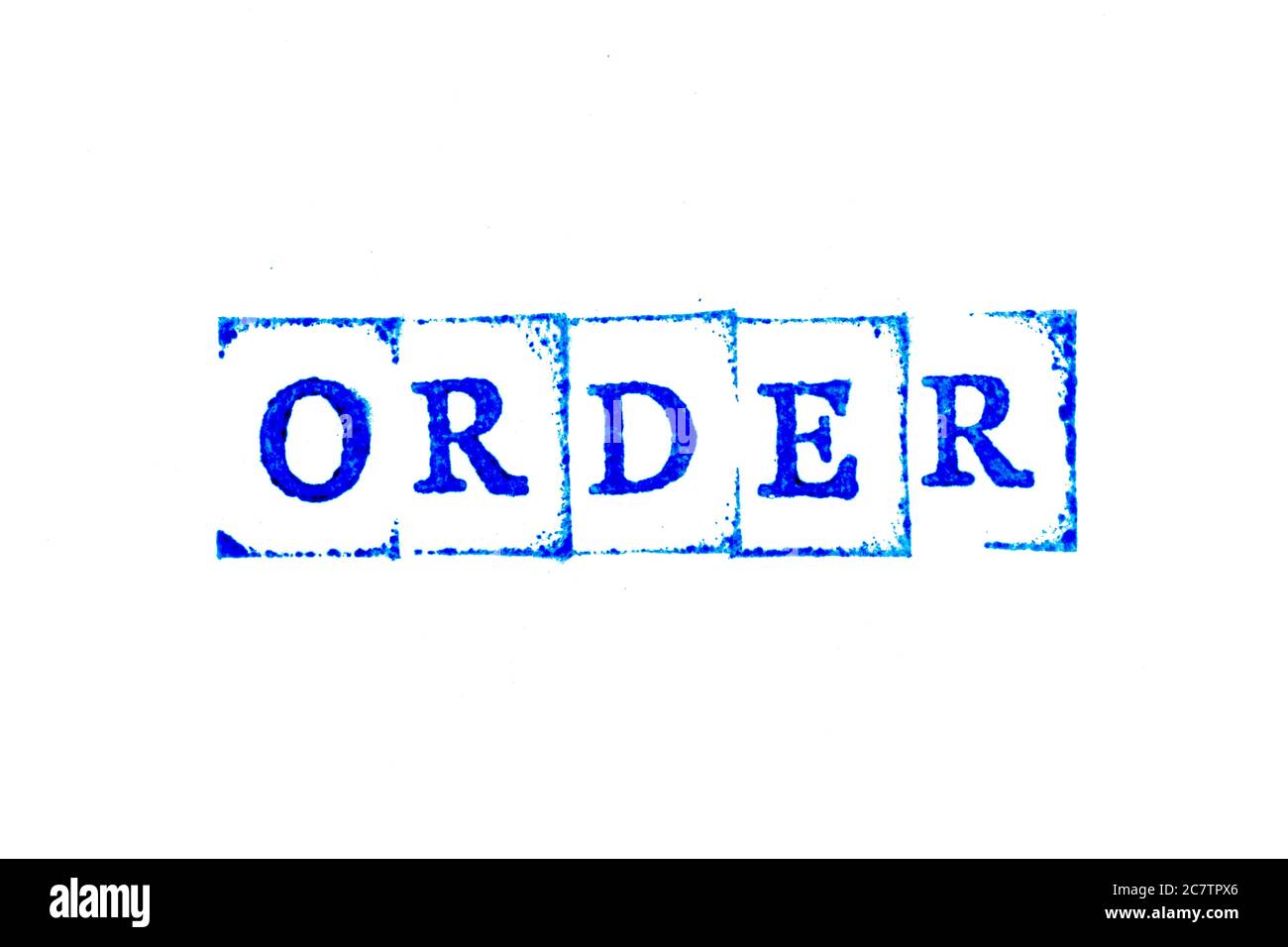 Blue color ink of rubber stamp in word order on white paper background ...