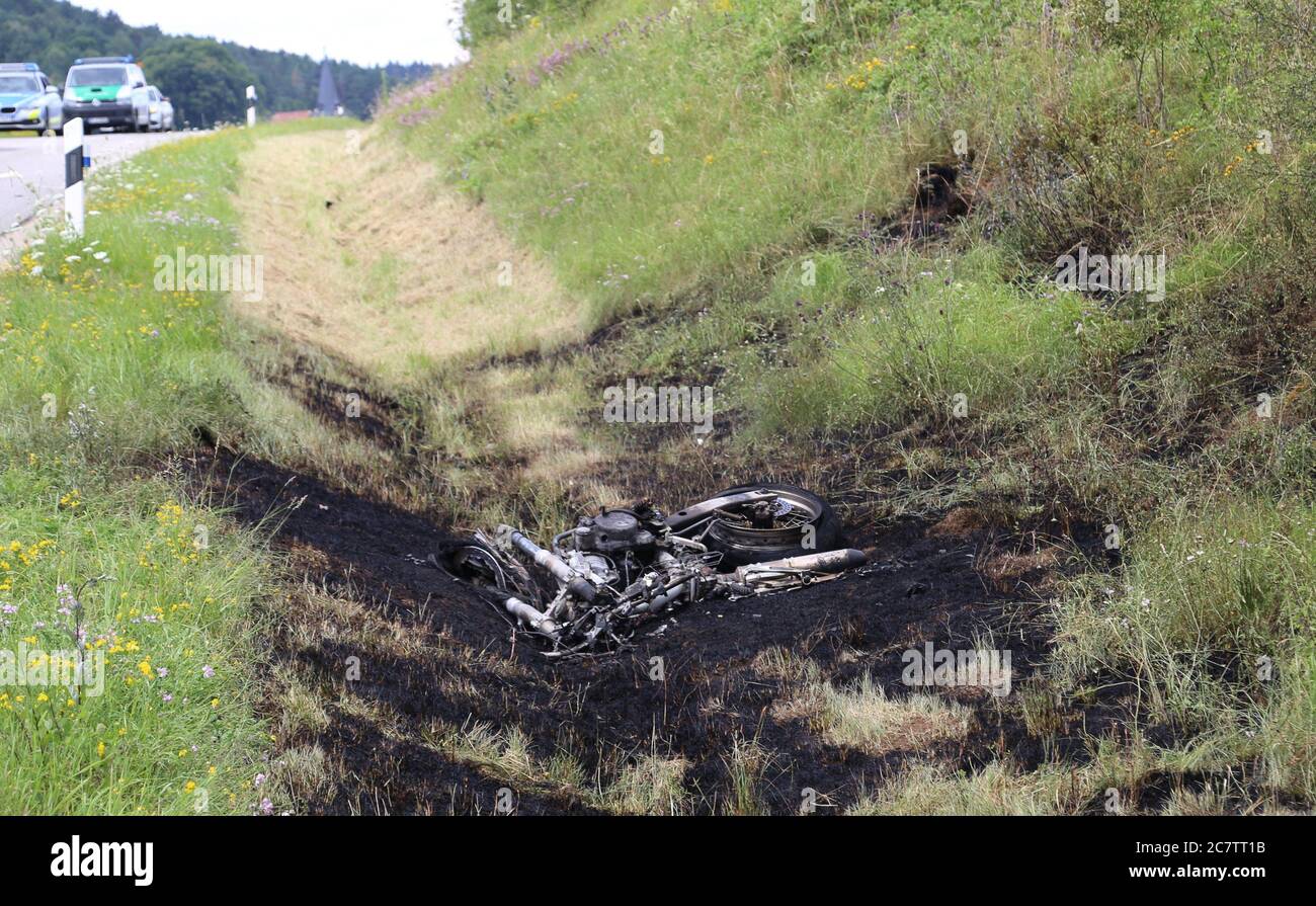 Plech, Germany. 19th July, 2020. A motorcycle is lying in a ditch after ...