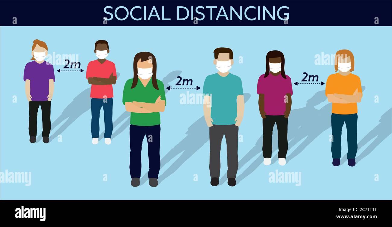 group of young adult diversity social distancing wearing face mask ...