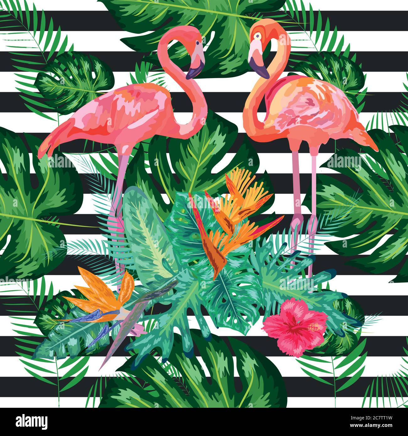 Seamless pattern with dark blue grunge stripes and pink flamingo. Pink ...
