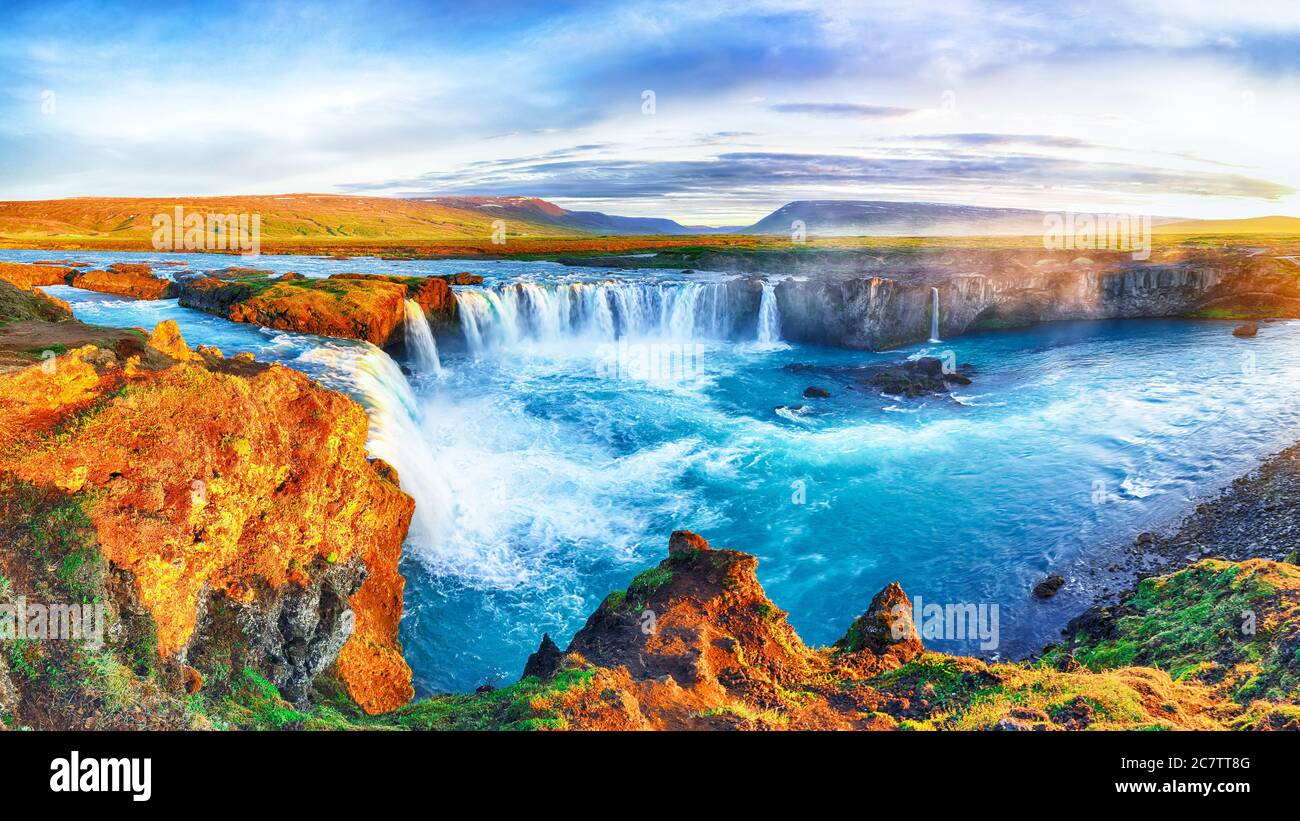 Fantastic sunrise scene of powerful Godafoss waterfall. Dramatic sky ...