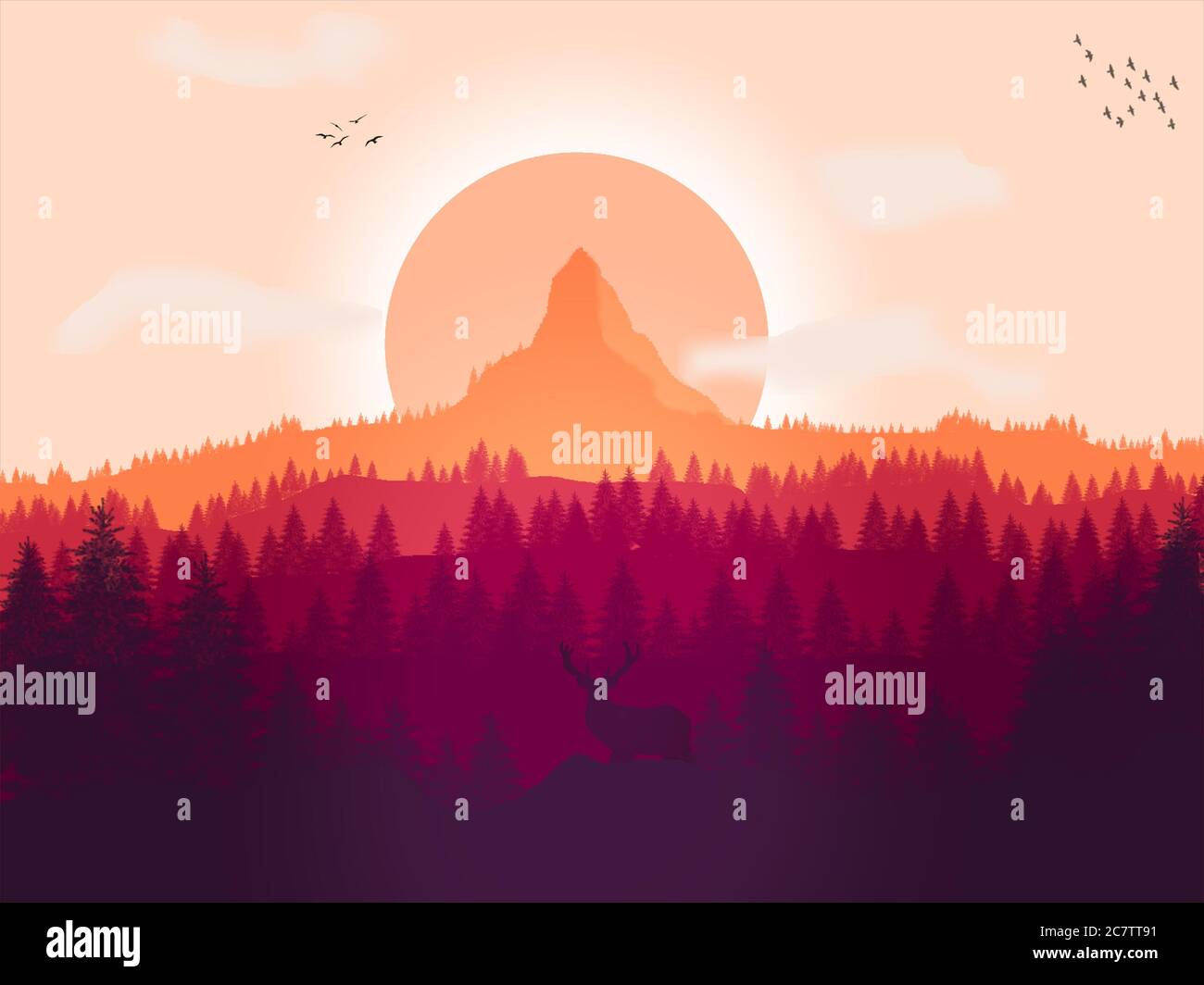 Silhouette of deer, birds, trees and a mountain with a circular moon in ...