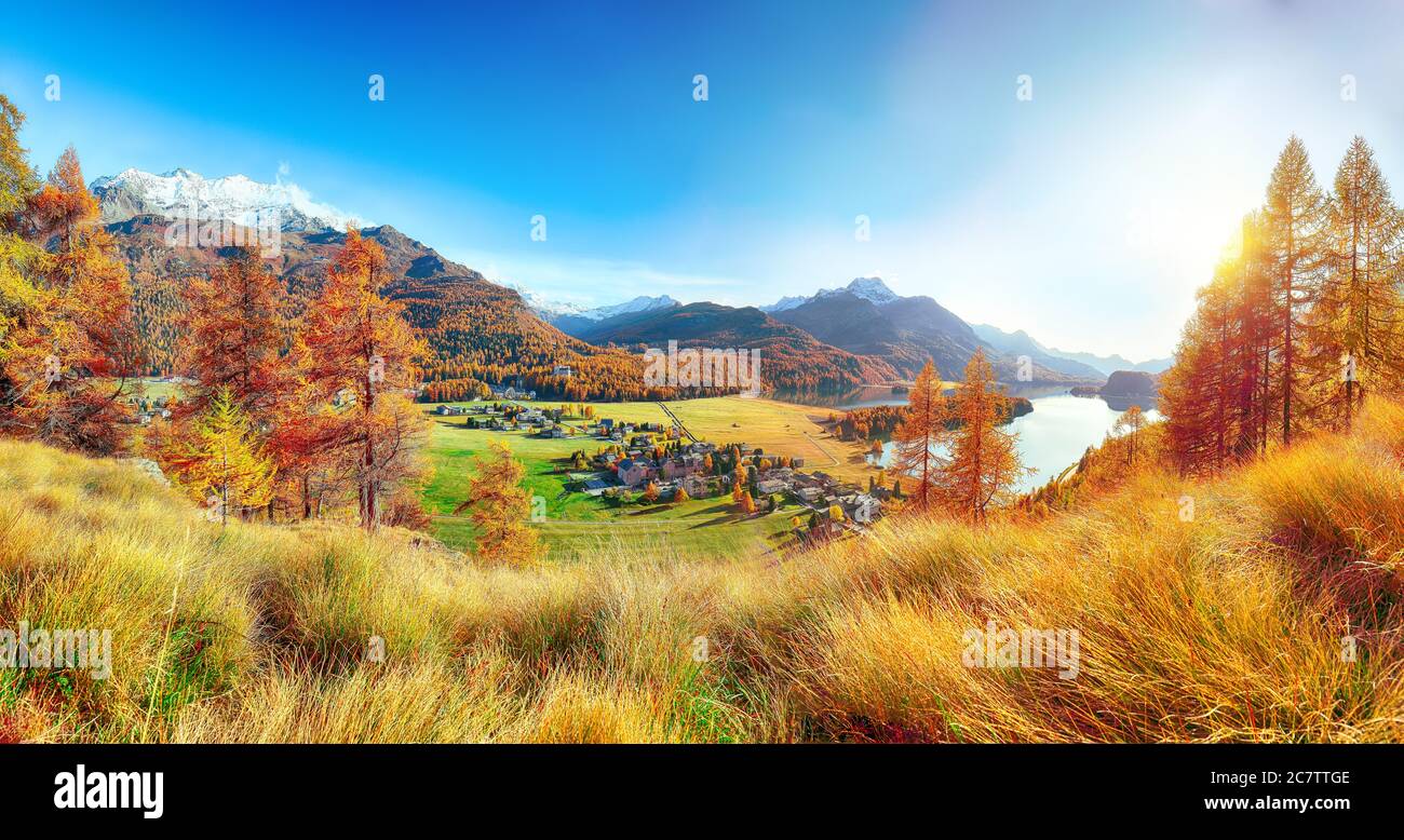 Astonishing autumn panorama over Sils im Engadin (Segl) village and ...