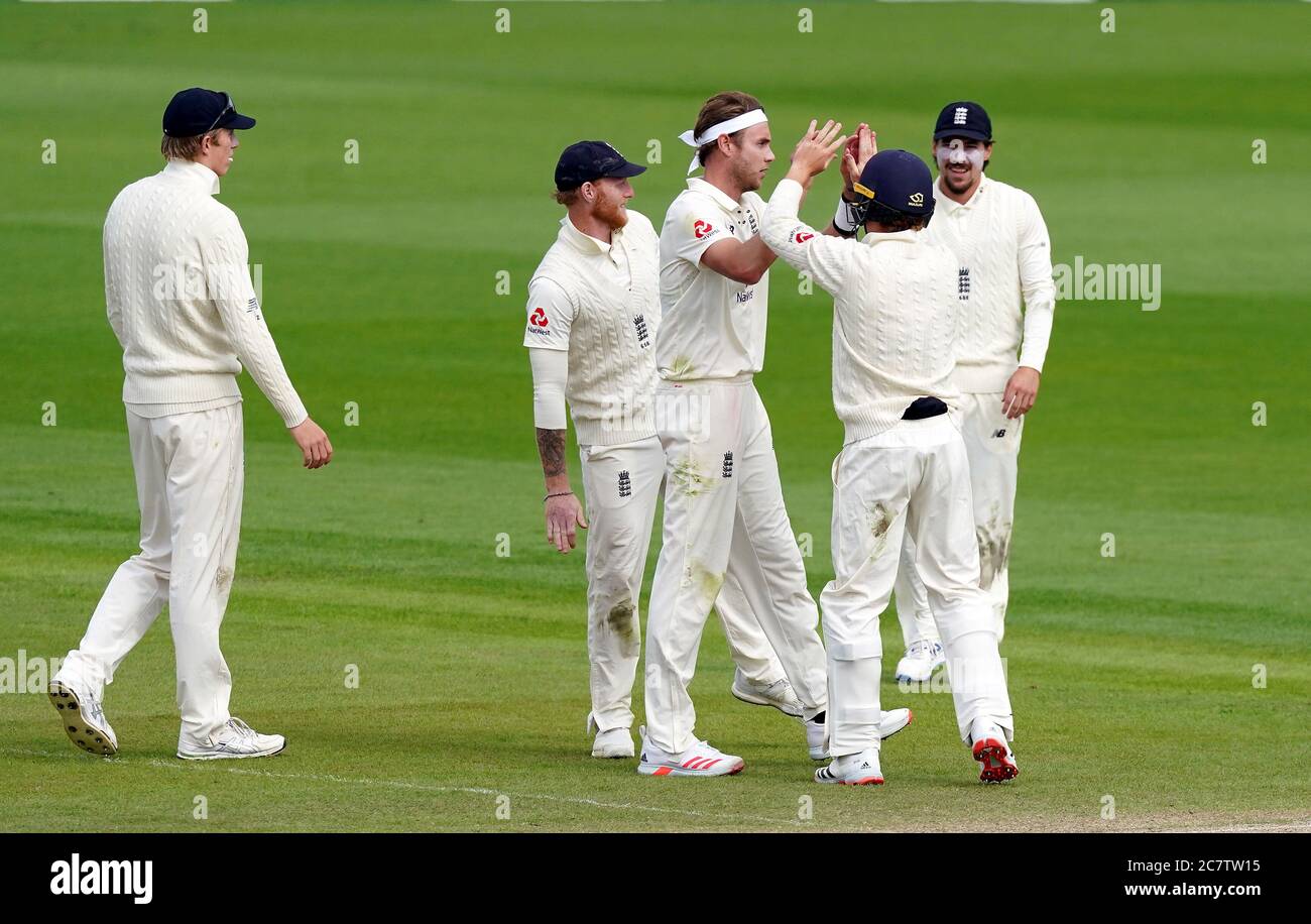 England’s Stuart Broad celebrates taking the wicket of West Indies ...