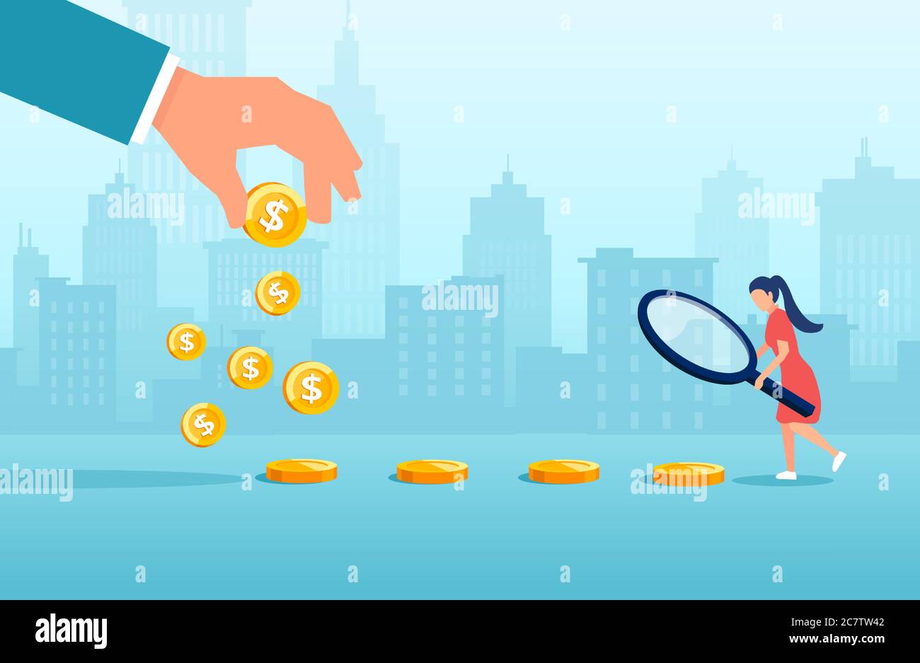 Vector of a young woman with magnifying glass following money track ...