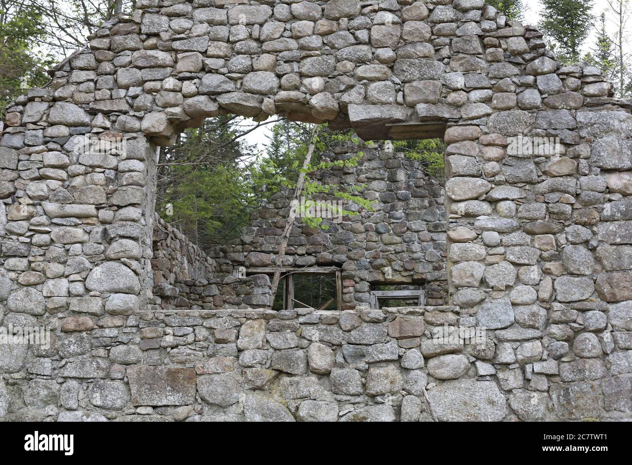 Closeup of old stone ruins of a forgotten lodge surrounded by greenery ...