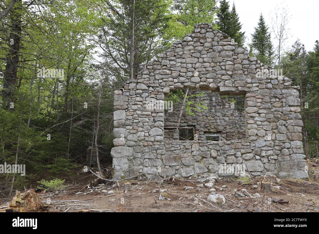 Closeup of 100-year-old stone ruins of a forgotten lodge surrounded by ...
