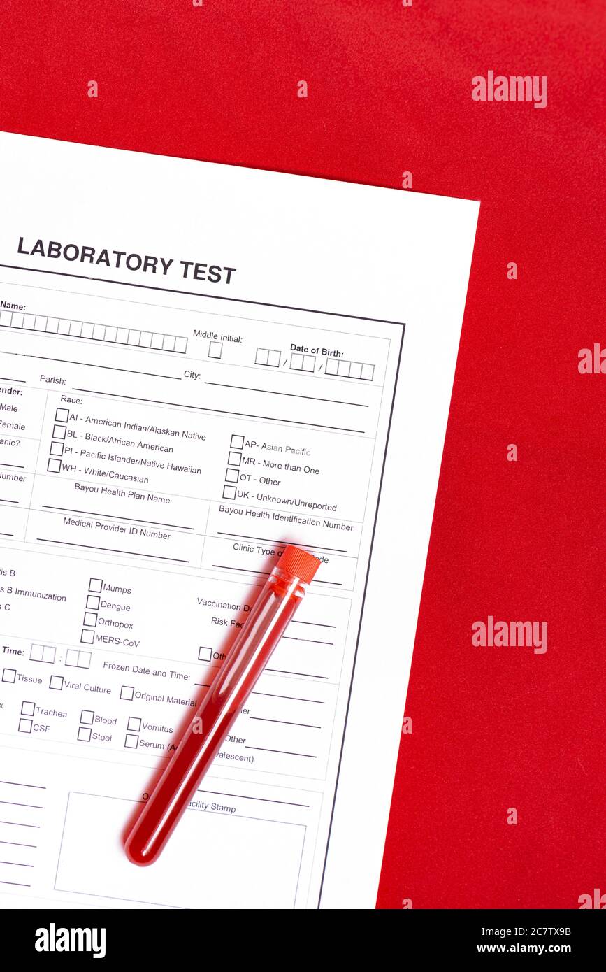 Form to fill in with results of blood test in tube red background Stock ...