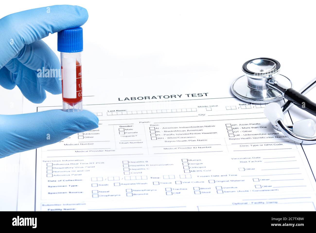 Form to fill of blood test, glove and stetoscope white background Stock ...