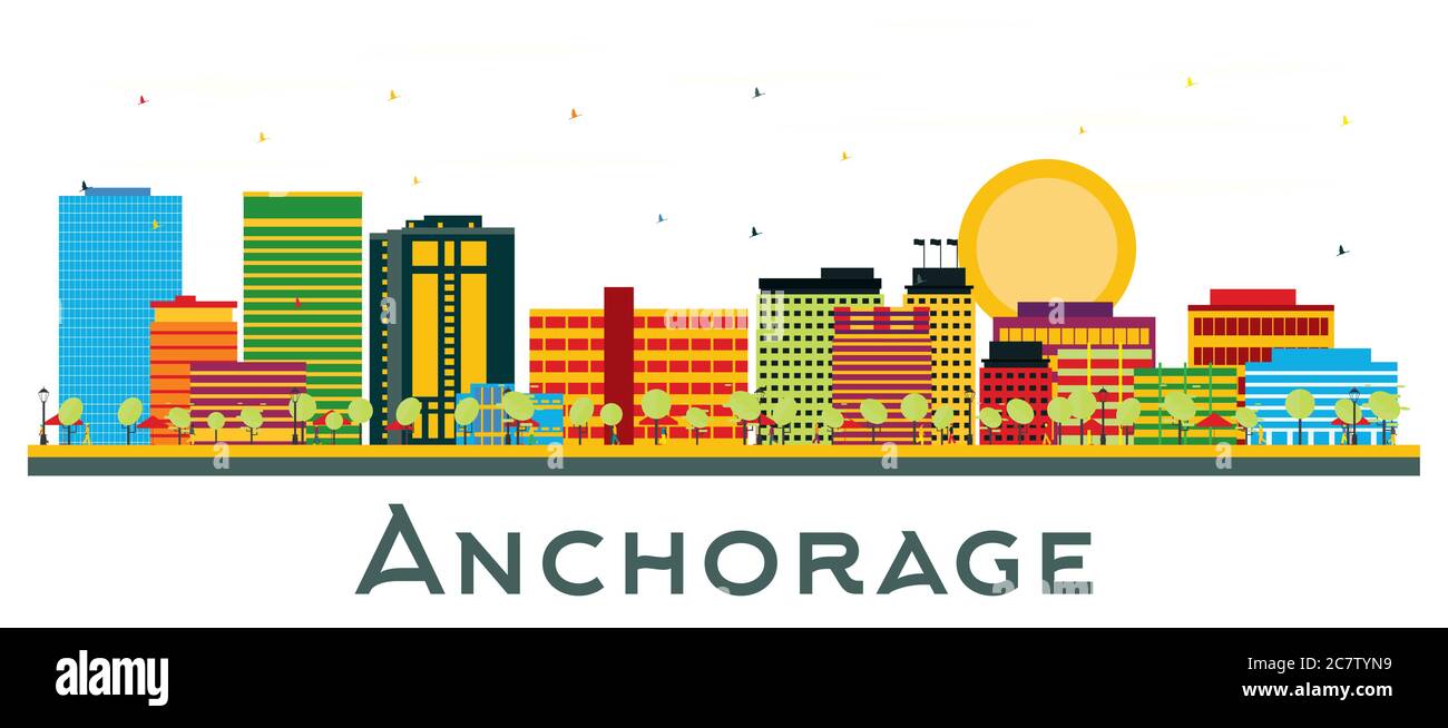 Anchorage Alaska City Skyline with Color Buildings Isolated on White ...