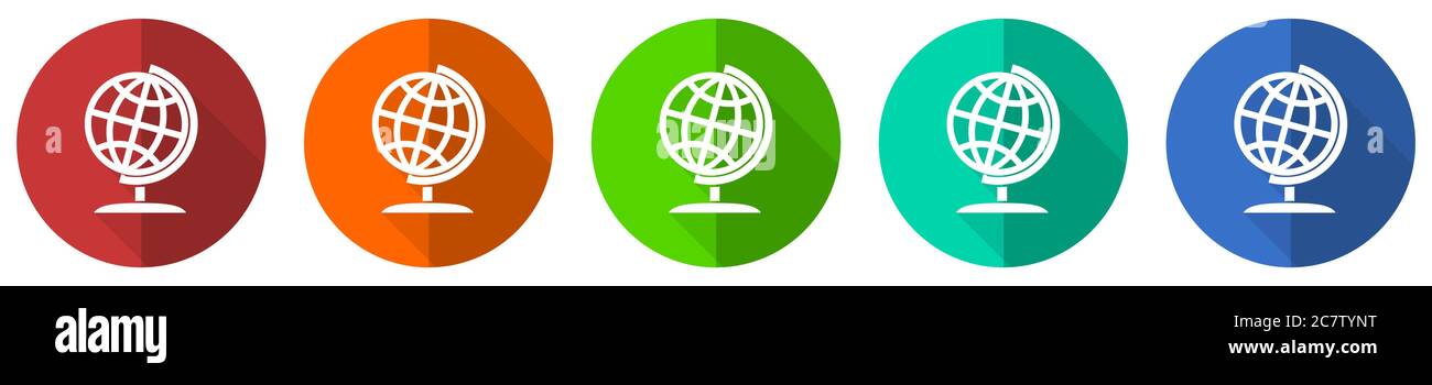 Globe icon set, world, global, map, earth, red, blue, green and orange ...
