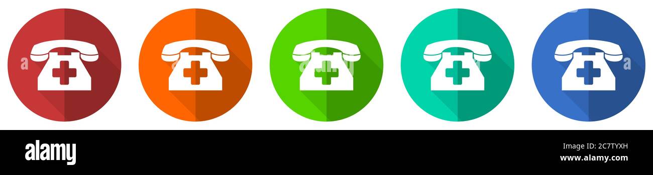Emergency call icon set, phone, red, blue, green and orange flat design ...
