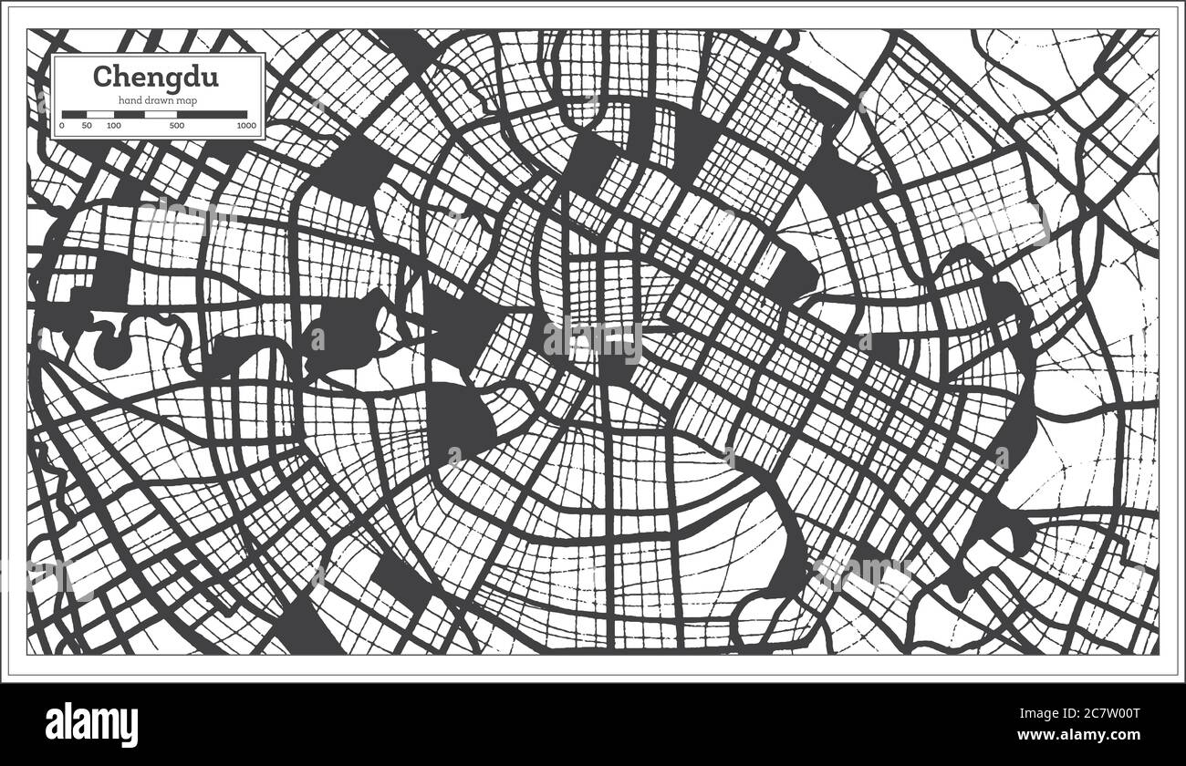 Chengdu China City Map in Black and White Color in Retro Style. Outline ...