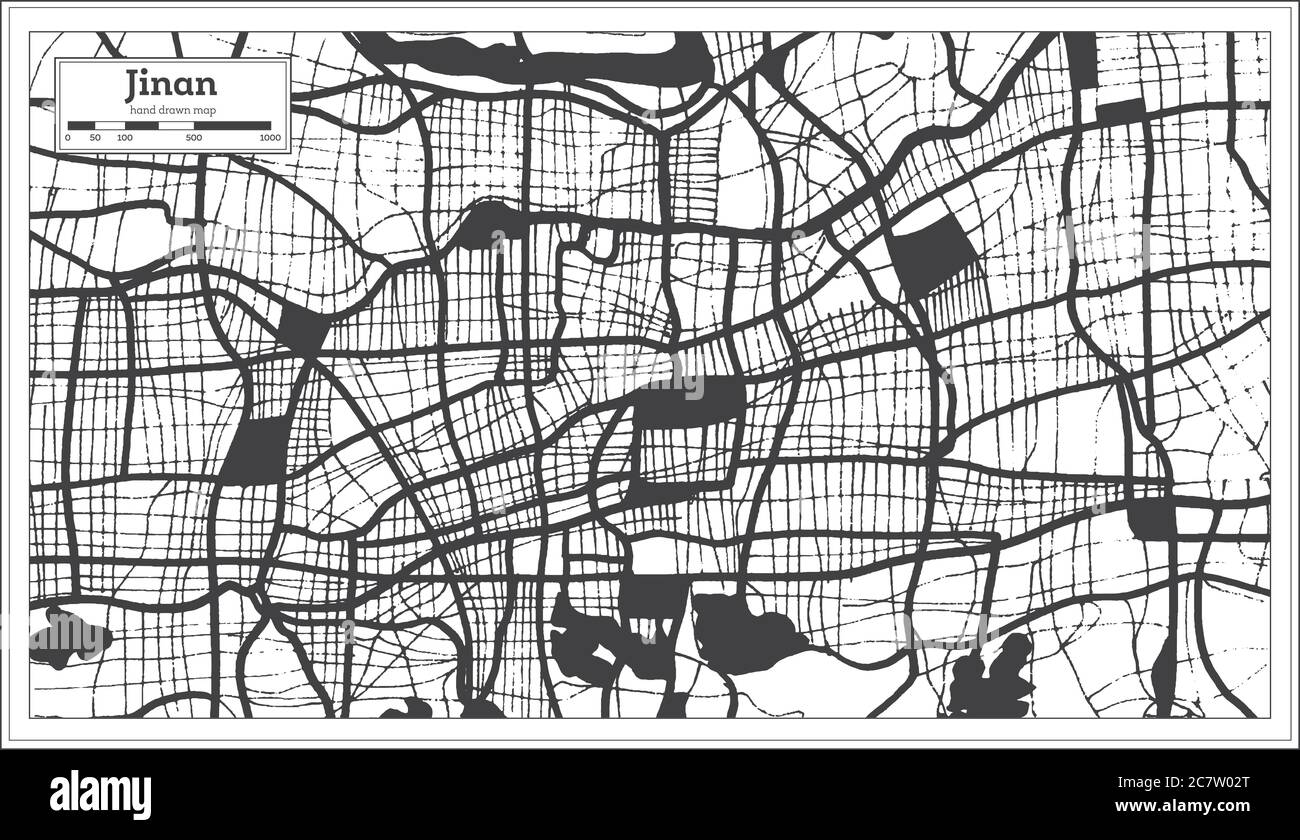 Jinan China City Map in Black and White Color in Retro Style. Outline Map. Vector Illustration ...