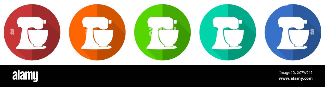 Planetary mixer, kitchen equipment icon set, red, blue, green and ...