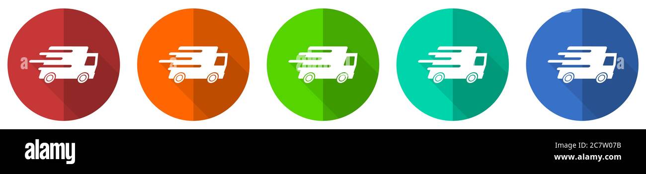 Speed transport icon set, fast delivery, truck, red, blue, green and ...