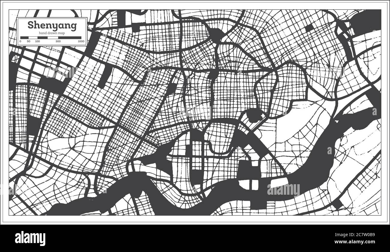 Shenyang China City Map in Black and White Color in Retro Style ...