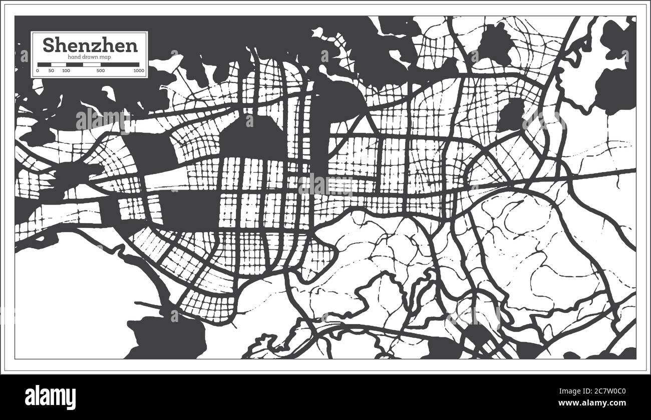 Shenzhen China City Map in Black and White Color in Retro Style ...
