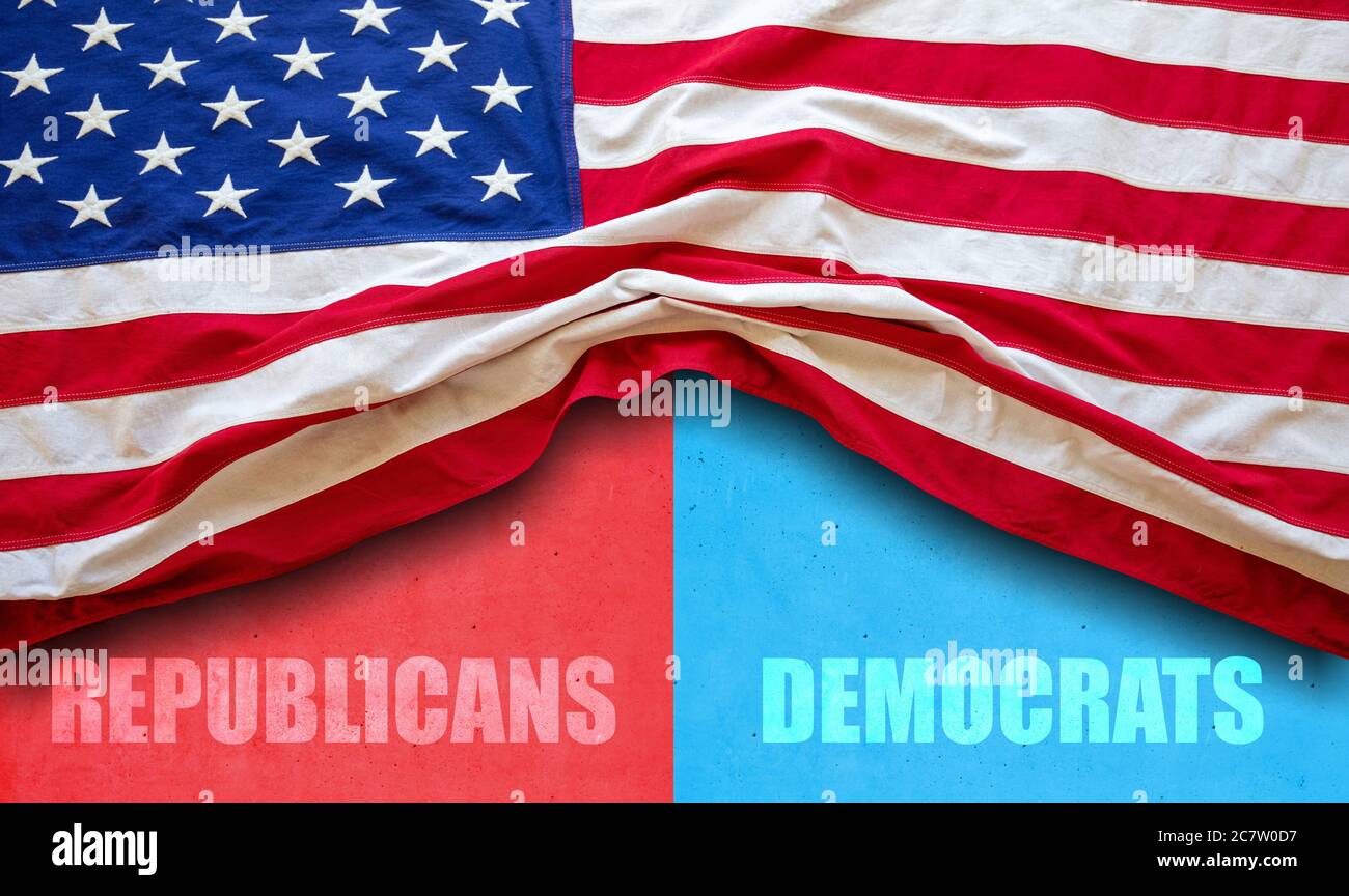 USA elections choice. Republicans, Democrats text and US flag on red ...