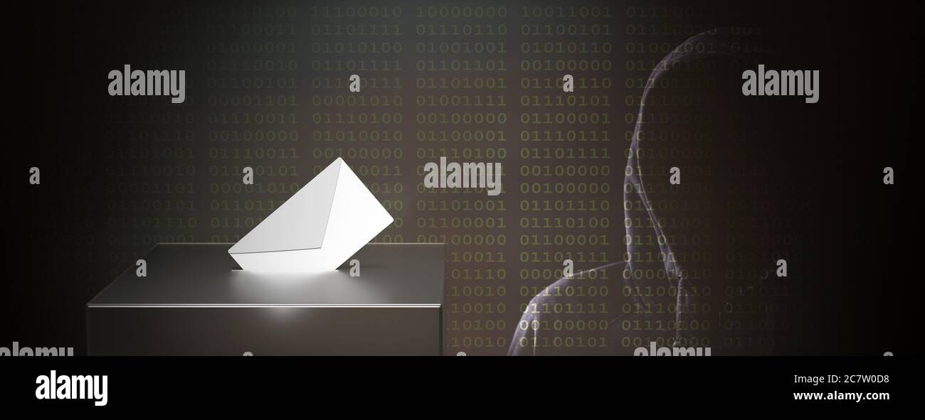 Election hacking fraud concept. Hooded hacker, no face and white ...
