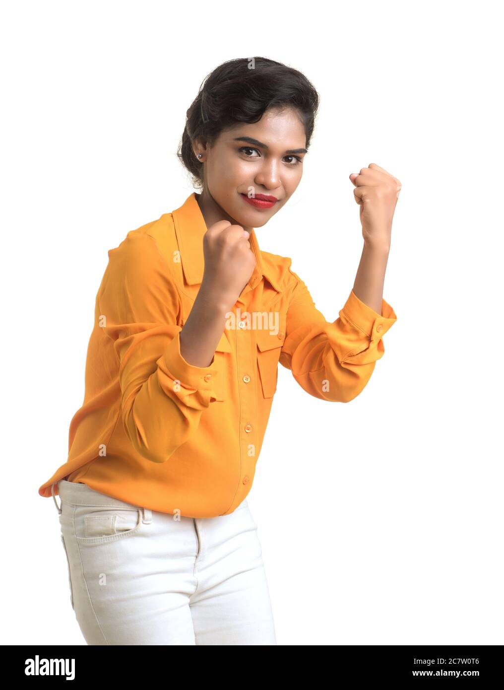Smiling cheerful girl showing sign isolated on white background Stock ...
