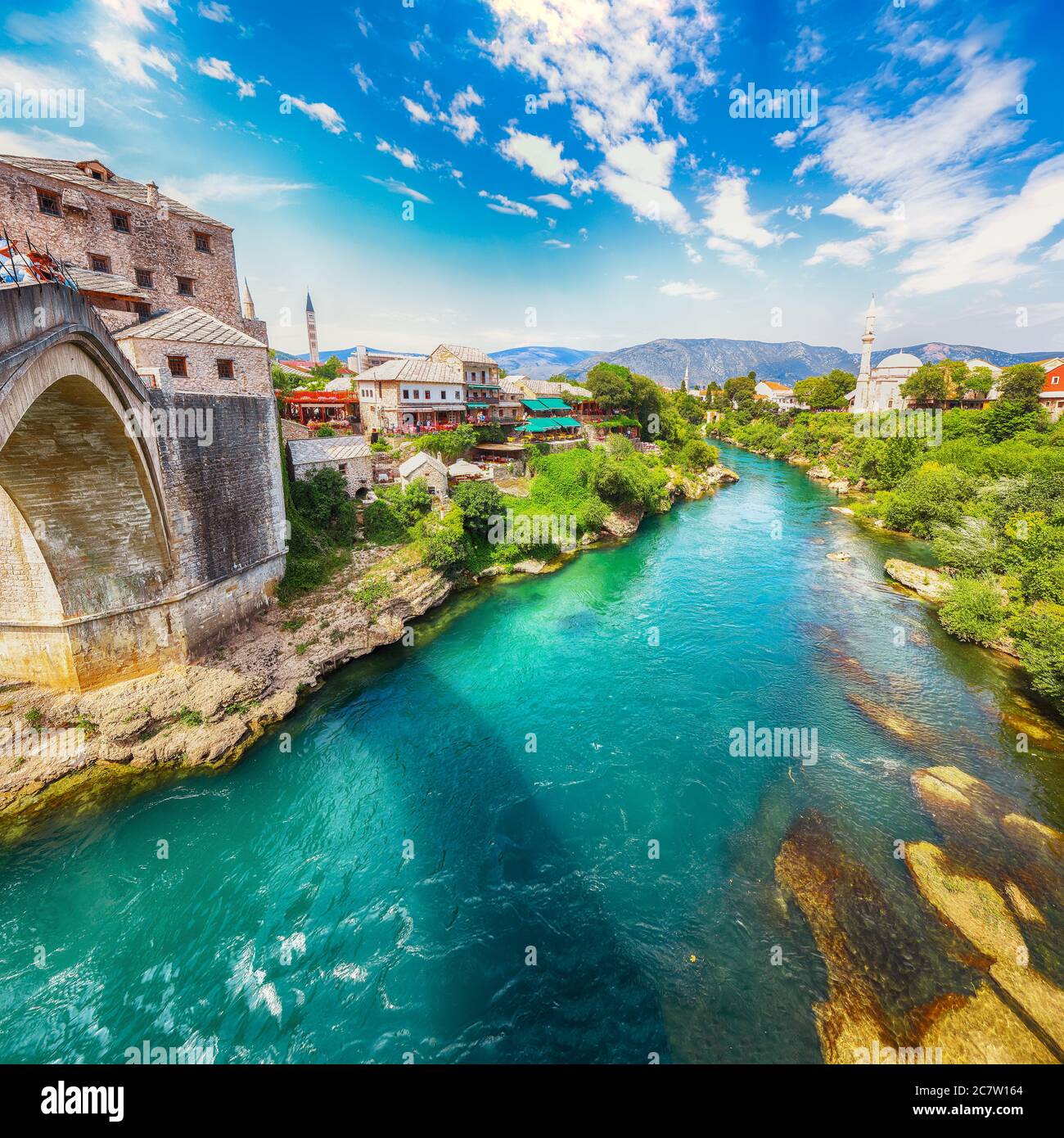 Fantastic Skyline of Mostar with the Mostar Bridge, houses and minarets ...