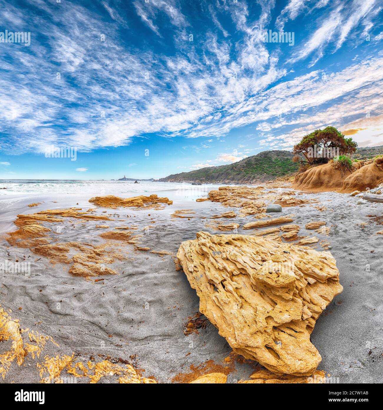 Fantastic view of Capo Carbonara beach with turquoise water and rocks ...