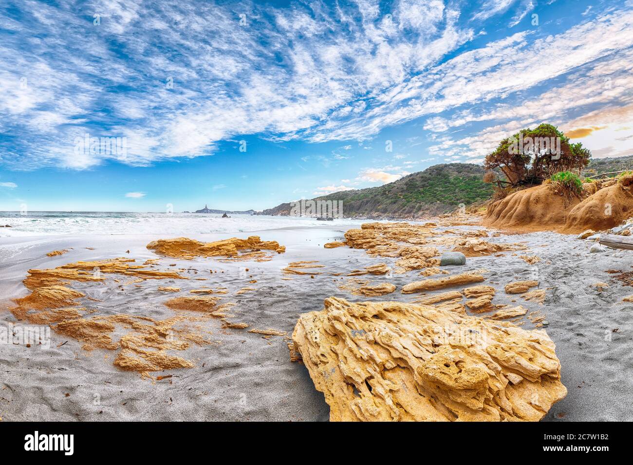 Fantastic view of Capo Carbonara beach with turquoise water and rocks ...