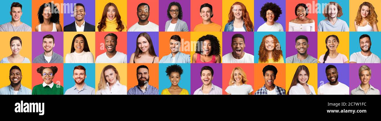 Set Of Positive People Portraits Posing Over Bright Backgrounds ...