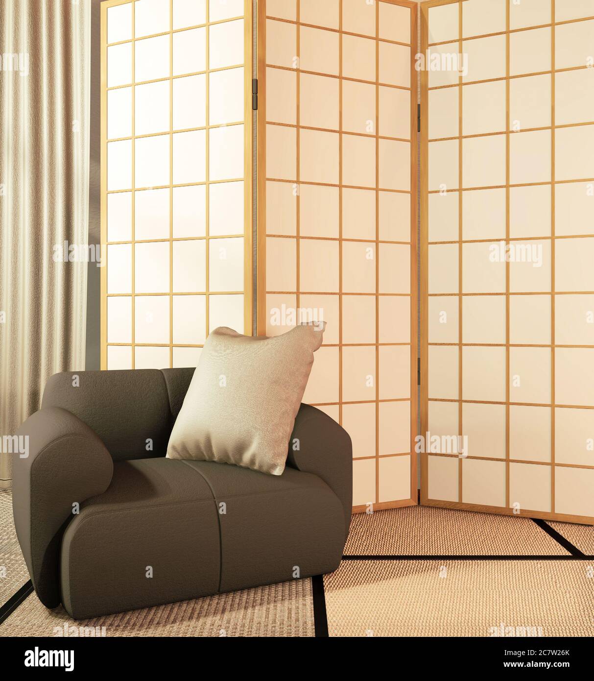 Japanese partition paper wooden design on living room tatami floor.3D ...