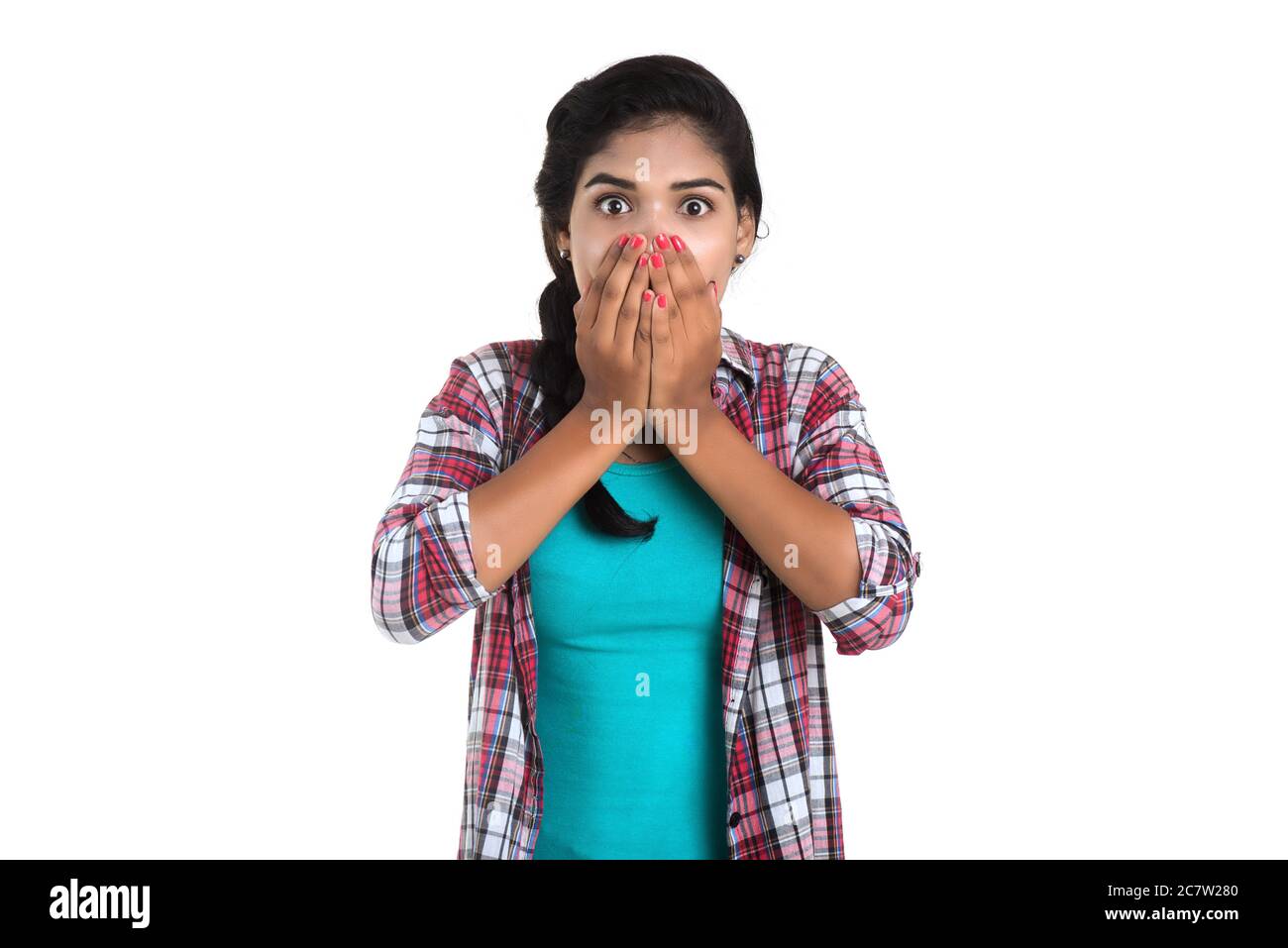 Beautiful girl surprised and shocked. Expressive facial expressions ...